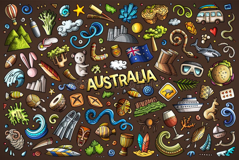 Set of Cartoon Australian Traditional Symbols and Objects Stock Vector ...