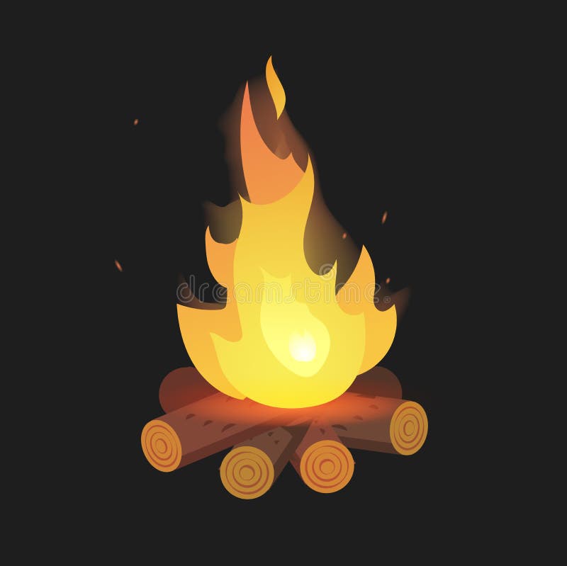 Set of Cartoon Bonfires on Logs on Black Background Isolated ...