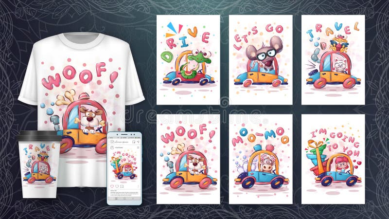 Set Cartoon Character Childish Animal in the Car Stock Vector ...