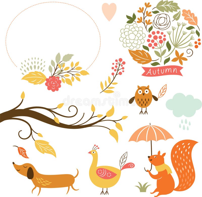 Autumn Set of Design Elements and Cartoon Animals Stock Vector ...