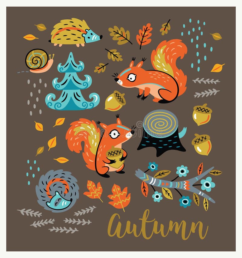 Set of Cartoon Characters and Autumn Elements Stock Vector ...