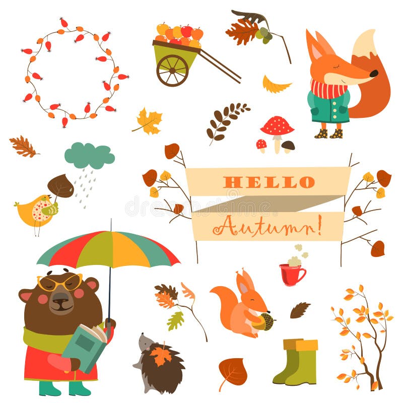 Set of Cartoon Characters and Autumn Elements Stock Vector ...