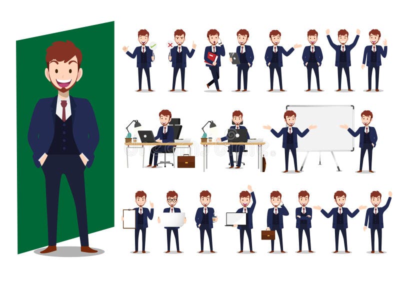 Set of Cartoon Characters of a Businessman in Smart Suit on White ...