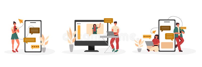 Set of Cartoon Characters Chatting with Friends Using Different Devices ...