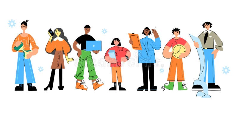 Set of Cartoon Characters Doing Different Tasks and Activities Stock ...