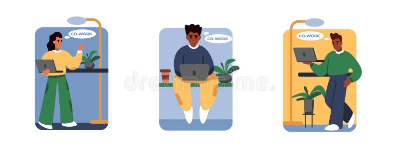 Set of Cartoon Characters of Freelancers with Laptops Working Stock ...
