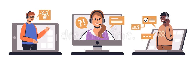 Set Cartoon Characters in Headsets Working As Call Center Operators ...