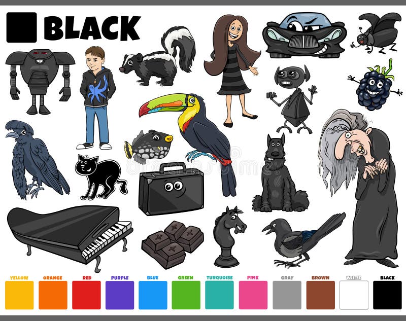 Set with Cartoon Characters and Objects in Black Stock Vector ...