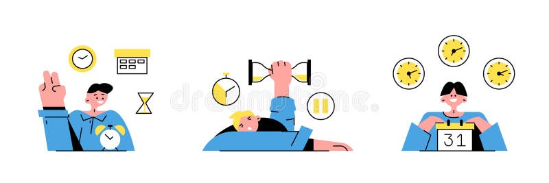 Set of Cartoon Characters Organizing and Managing Their Time Stock ...
