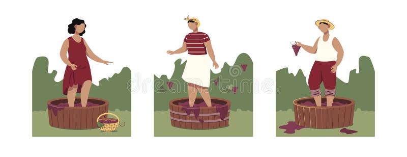 Set of Cartoon Characters Pressing Grapes for Making Wine Stock Vector ...