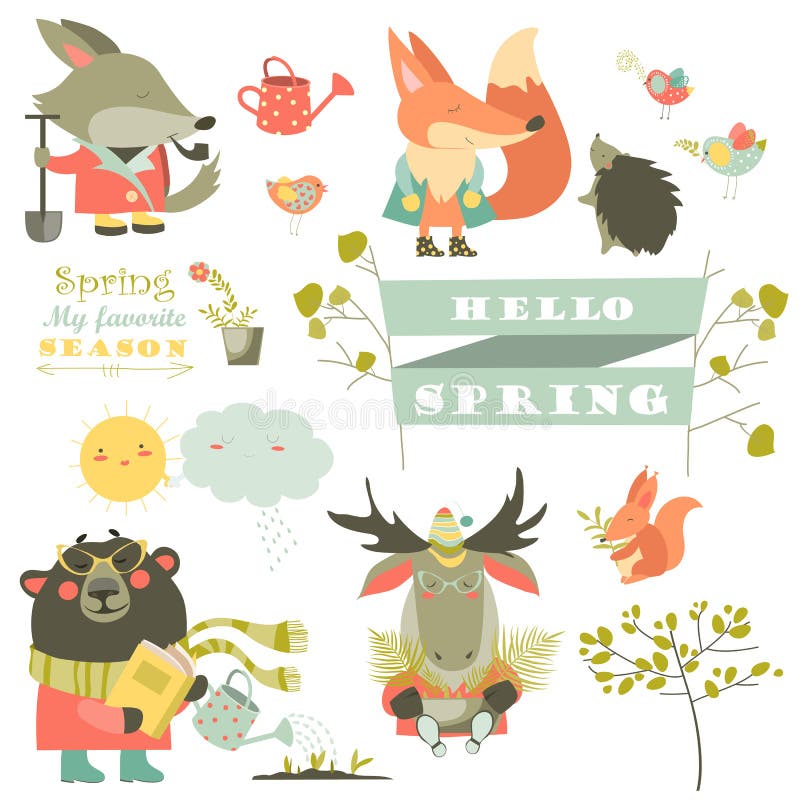 Set of Cartoon Characters and Spring Elements Stock Vector ...