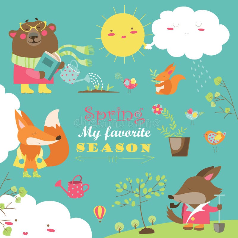 Set of Cartoon Characters and Spring Elements Stock Vector ...