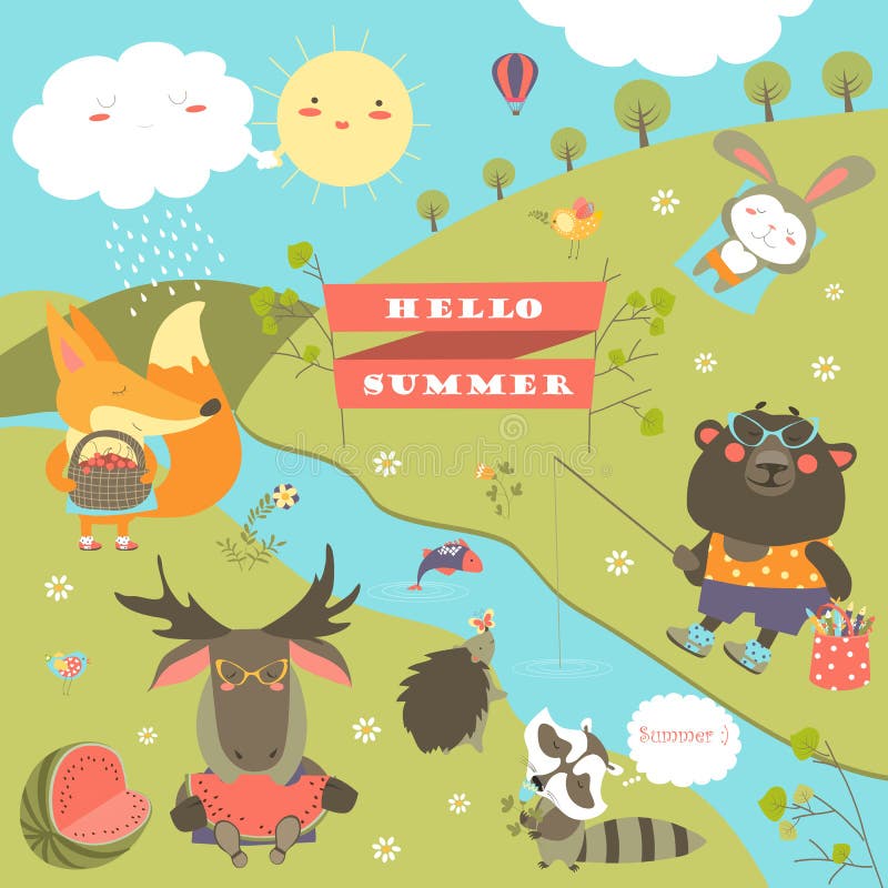 Set of Cartoon Characters and Summer Elements Stock Vector ...