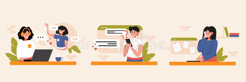 Set of Cartoon Characters Working As Technical Support Operators Stock ...