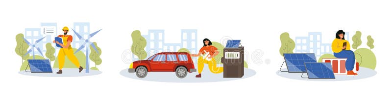 Set of Cartoon Characters of Young People Using Solar Panels As Source ...