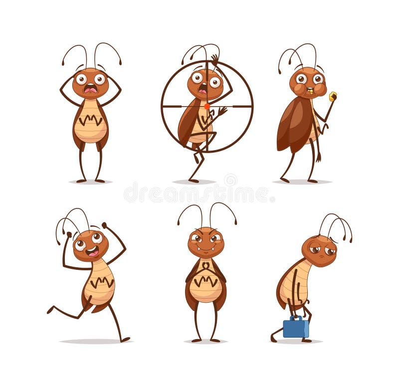 Set of Cartoon Cockroach Characters Showing Different Emotions and ...