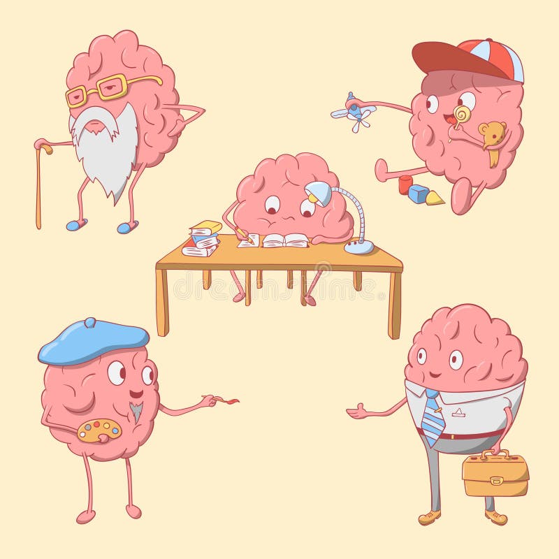 Set of Cartoon Cute Brain Character Stock Vector - Illustration of ...