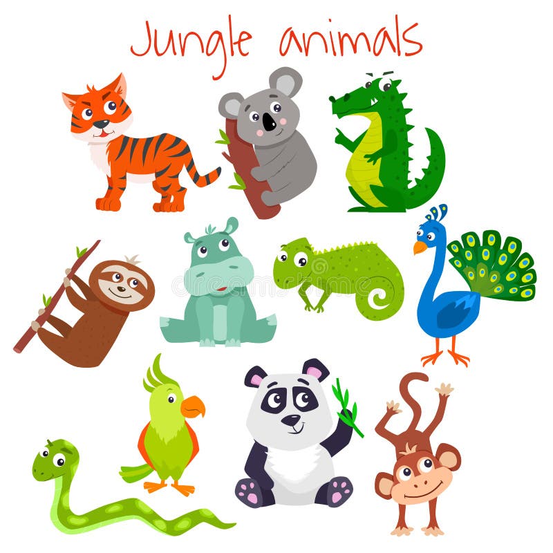 Set of Cartoon Cute Jungle Animals. Vector Flat Illustration Stock ...
