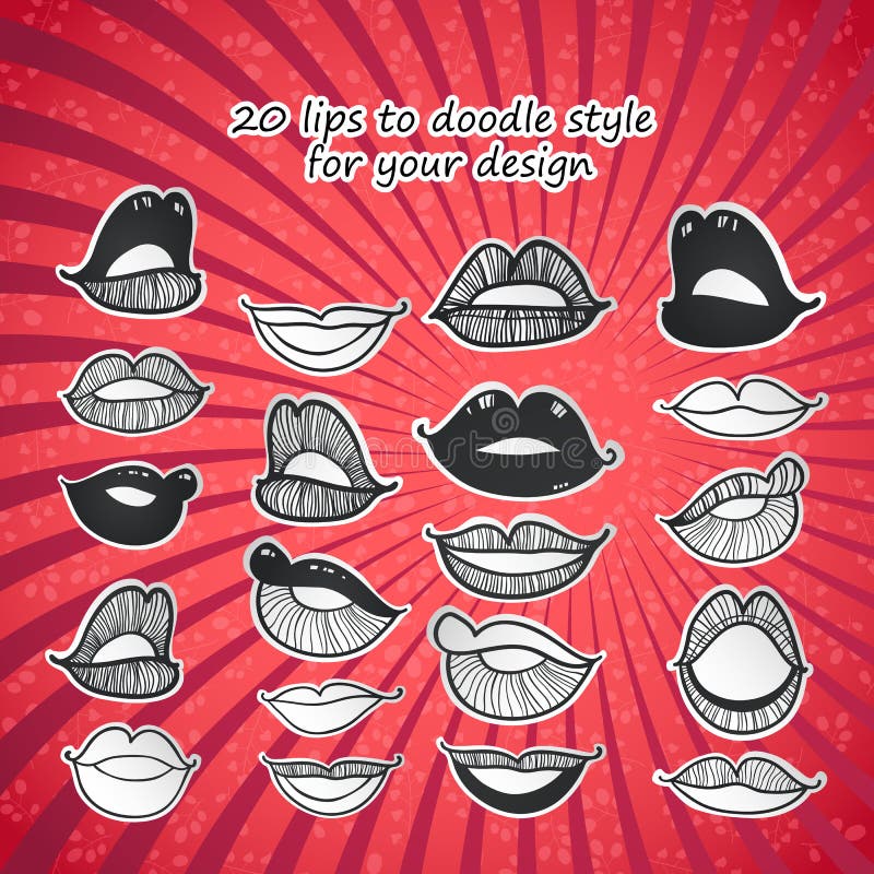 Set of 20 Cartoon Doodle Lips. Stock Vector - Illustration of design ...