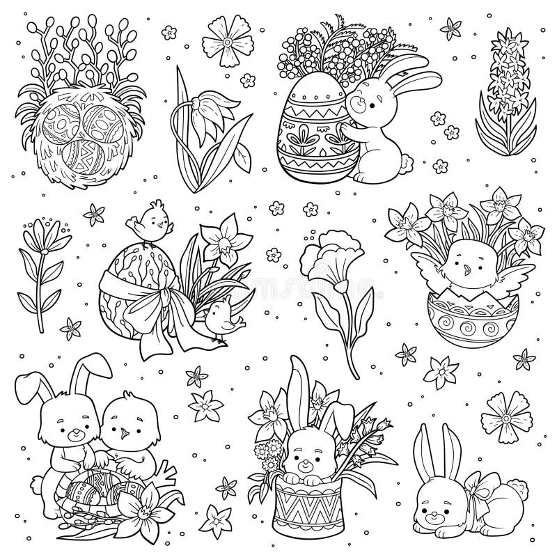 Set of Cartoon Easter Characters and Objects. Coloring Page with Cute ...