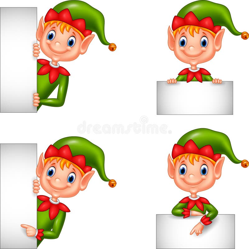 Set of Cartoon Elf with Blank Sign Stock Vector - Illustration of happy ...