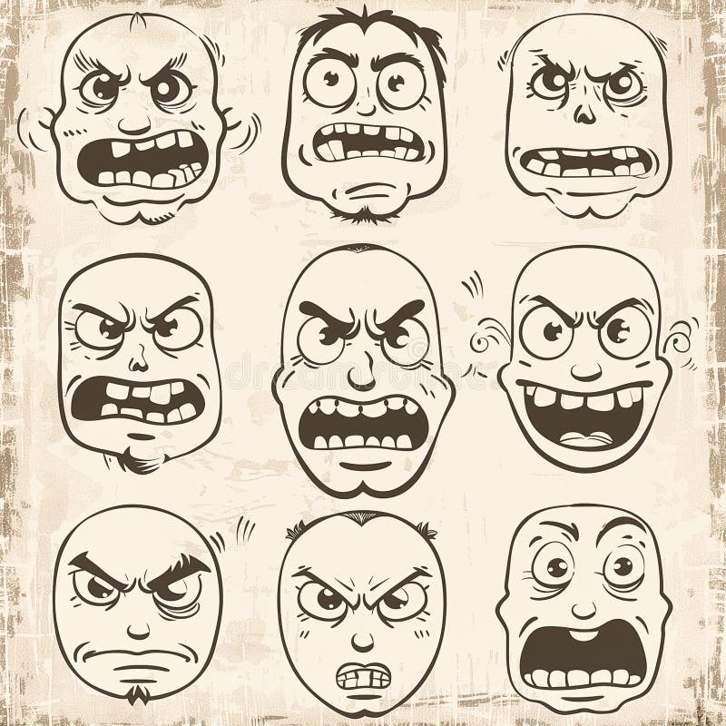 A Set of Cartoon Faces with Different Expressions Stock Illustration ...