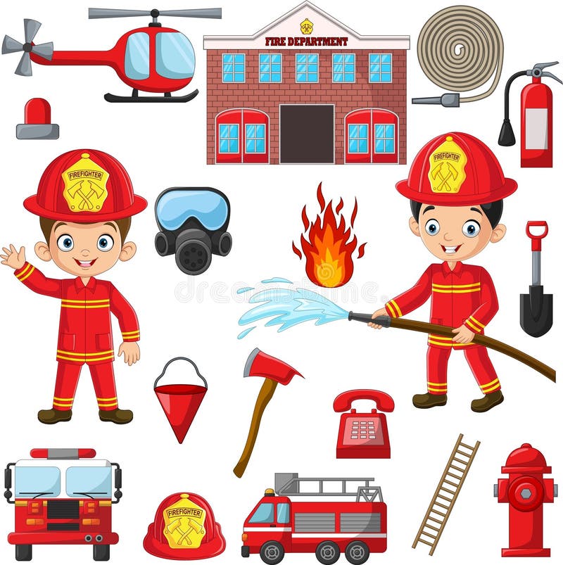 Set of Cartoon Fireman Element Stock Vector - Illustration of ...