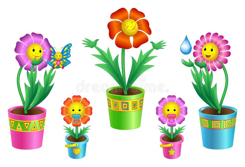 Set of Cartoon Flowers in Pots Stock Vector - Illustration of green ...