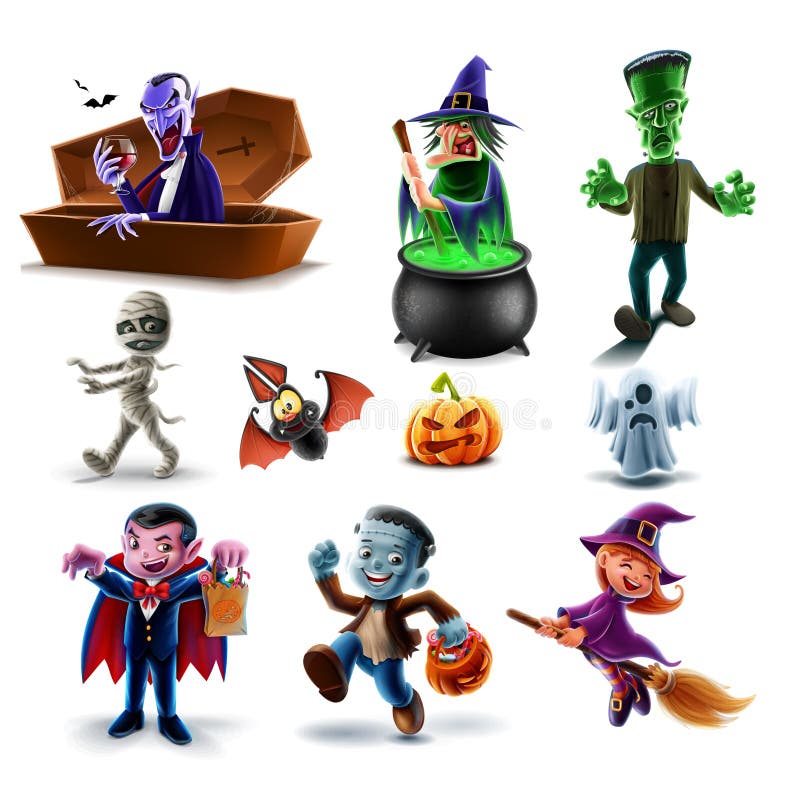 Set of Cartoon Halloween Characters Stock Vector - Illustration of ...