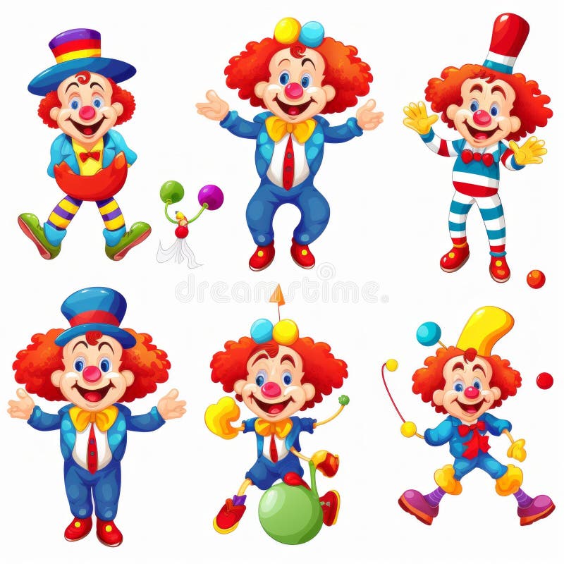 Set of Cartoon Happy Clowns in Different Poses, Vector Illustration ...
