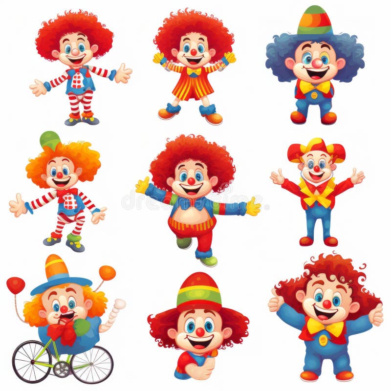 Set of Cartoon Happy Clowns in Different Poses, Vector Illustration ...