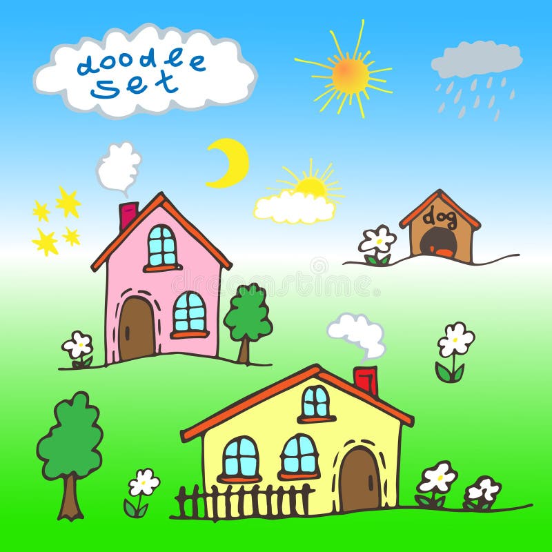 A Set of Cartoon Houses Painted by Hand. Stock Vector - Illustration of ...