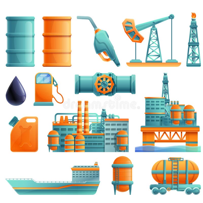 Set of Cartoon Icons on the Theme of Oil Production and Refining Stock ...