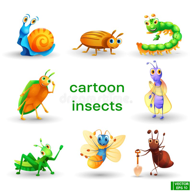 Set of Cartoon Insects Characters Stock Vector - Illustration of shield ...