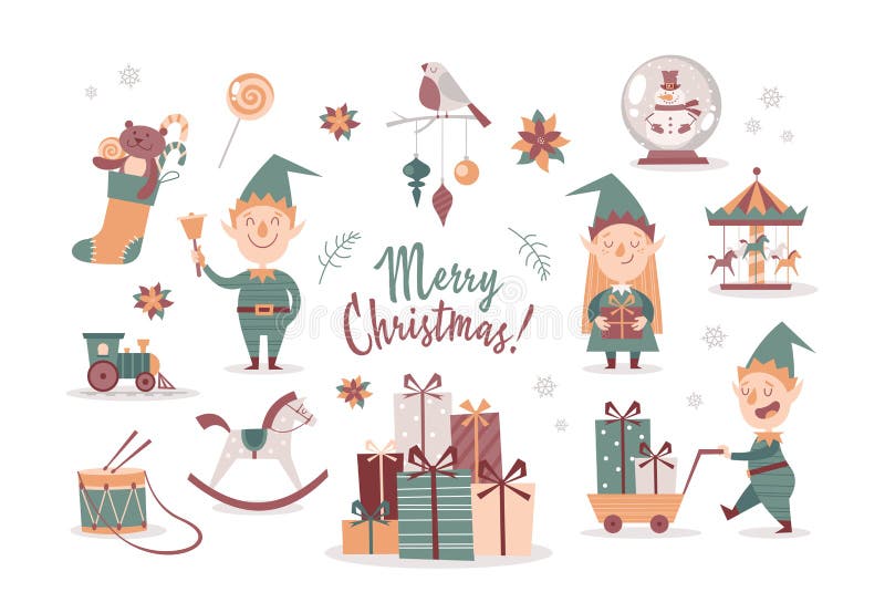 Set of Cartoon Isolated Christmas Elves and Decorative Elements Stock Vector - Illustration of ...