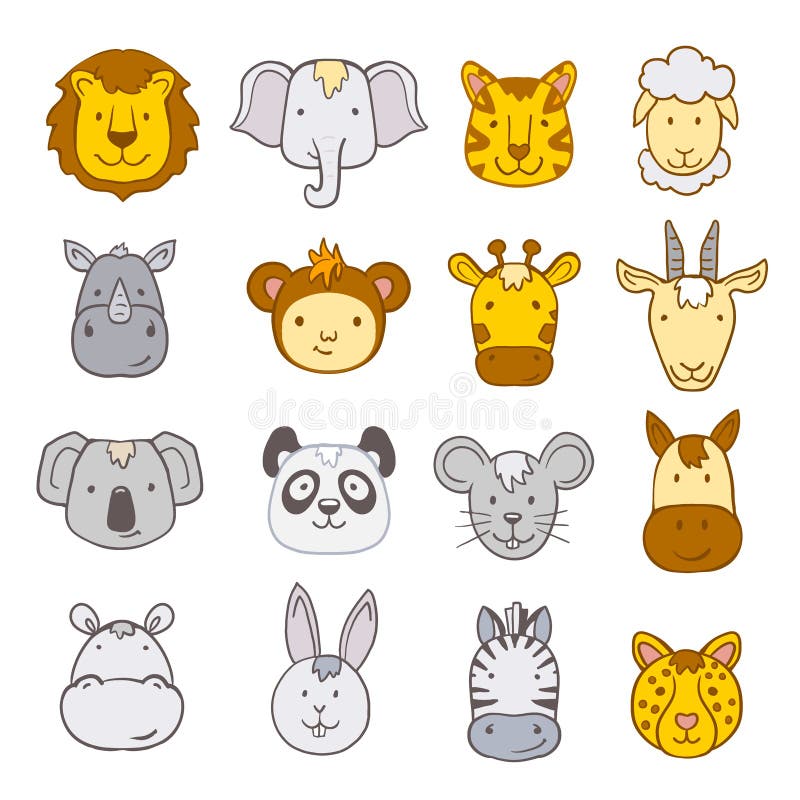 Set of Cartoon Jungle Animals Faces. Vector Illustration Stock Vector ...