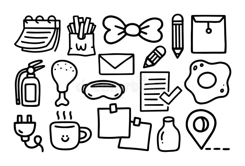 Set of Cartoon Line Art Doodle of Assorted of Items and Food, Hand ...