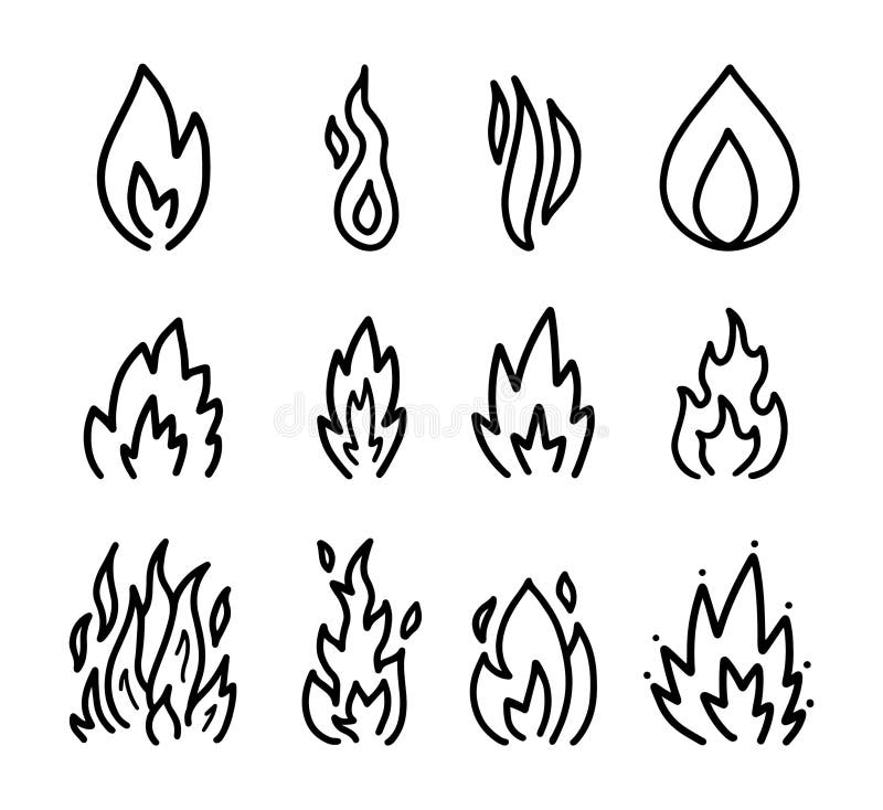 Set of Cartoon Line Art Doodle of Fire, Hand Drawn. Stock Illustration ...