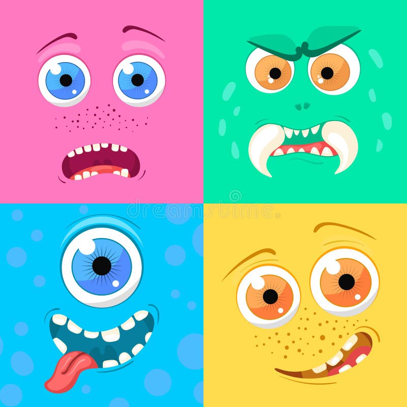 Set of Cartoon Monster Faces with Different Expression of Emotions ...