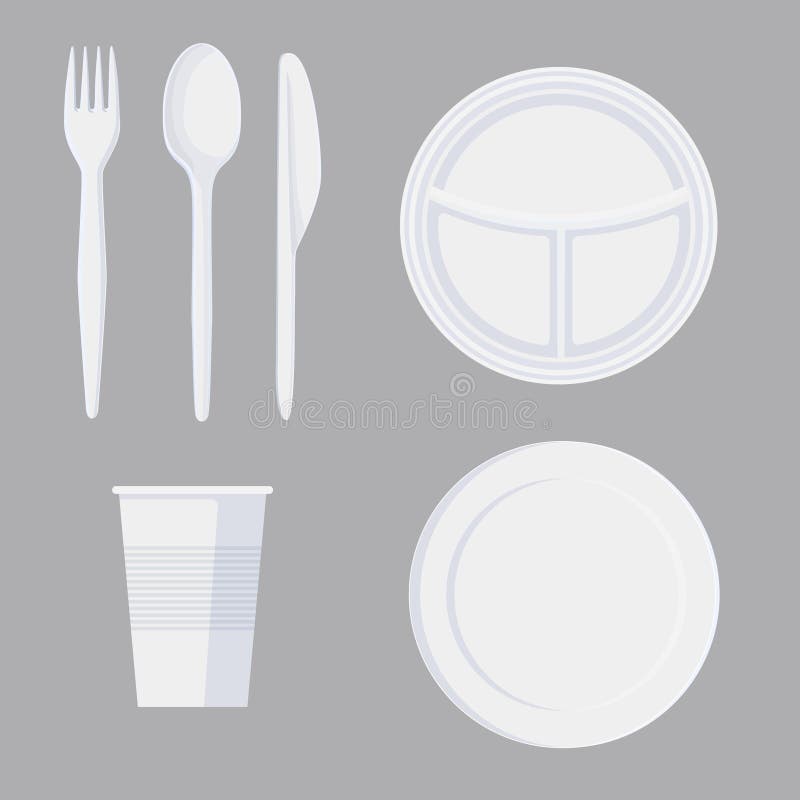 Set of Cartoon Plastic Tableware in Minimalist Style Isolated on White ...
