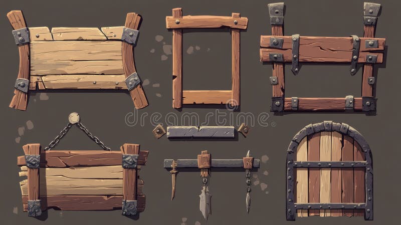 This Set of Cartoon Rectangle Buttons with a Wood Texture is Framed in ...