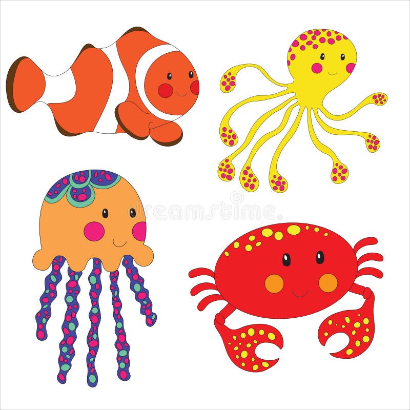 Set Of Cartoon Sea Creatures Stock Illustration - Illustration of color ...