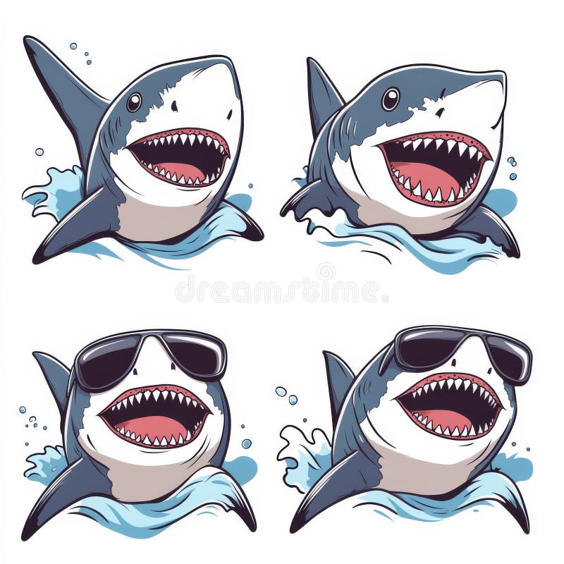 Set of Cartoon Shark Wearing Sunglasses. Generative AI. Stock ...