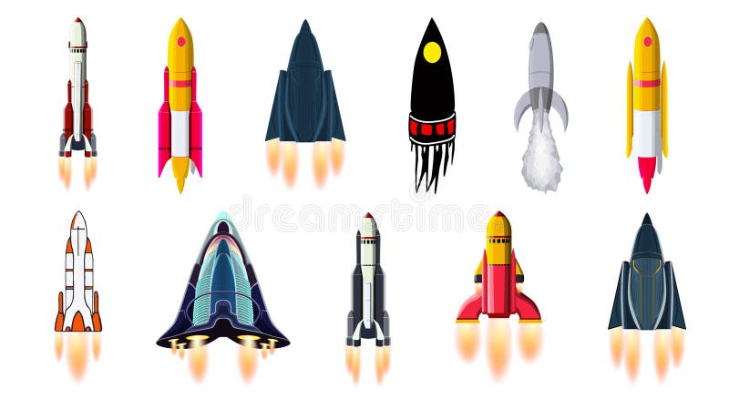 Set of Cartoon Space Rockets with Flame from Nozzles Isolated on White ...