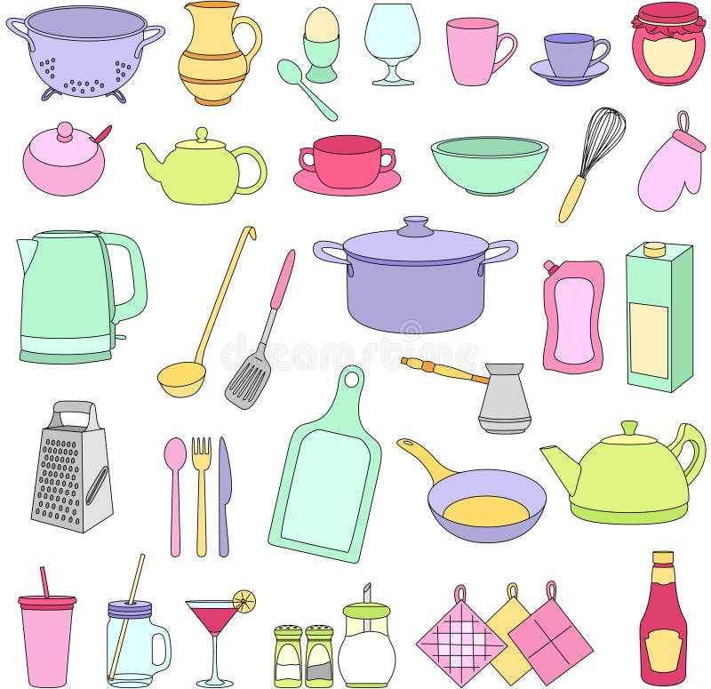Set of cartoon tableware stock vector. Illustration of doodle - 88316427
