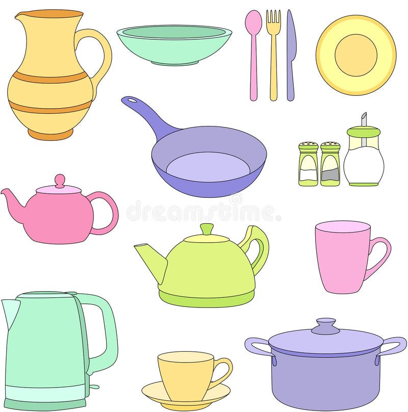 Set of cartoon tableware stock vector. Illustration of doodle - 88316427