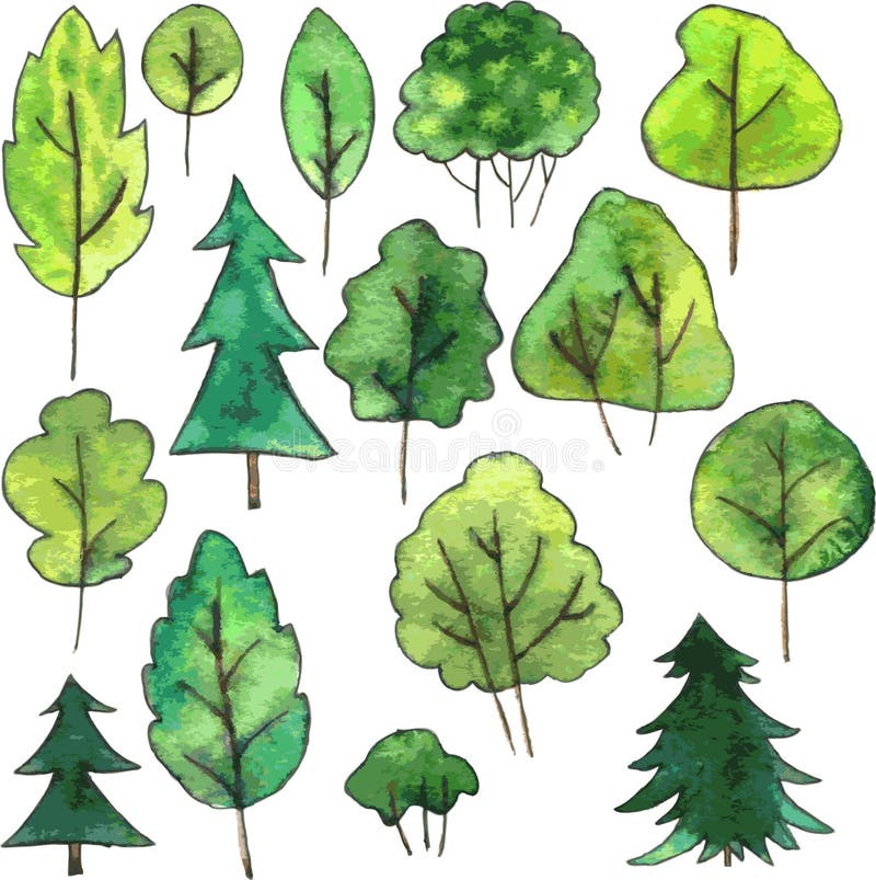 Set of Trees Drawing by Watercolor Stock Vector - Illustration of ...
