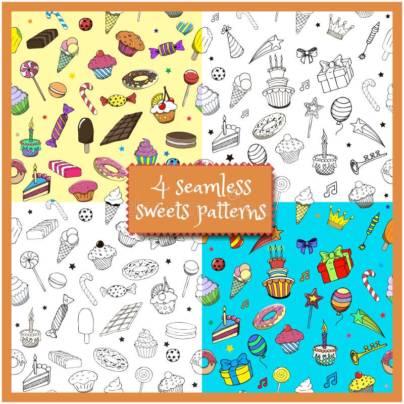 Set Cartoon Vector Doodles Hand Drawn Birthday Party and Sweets ...