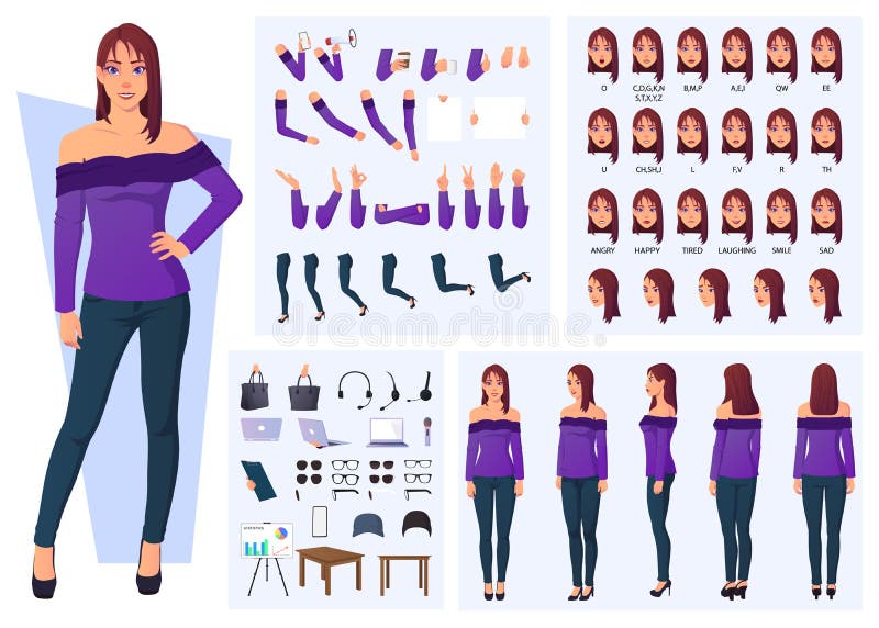 Set of Cartoon Vector Illustrations for Trendy Woman Character Creation ...