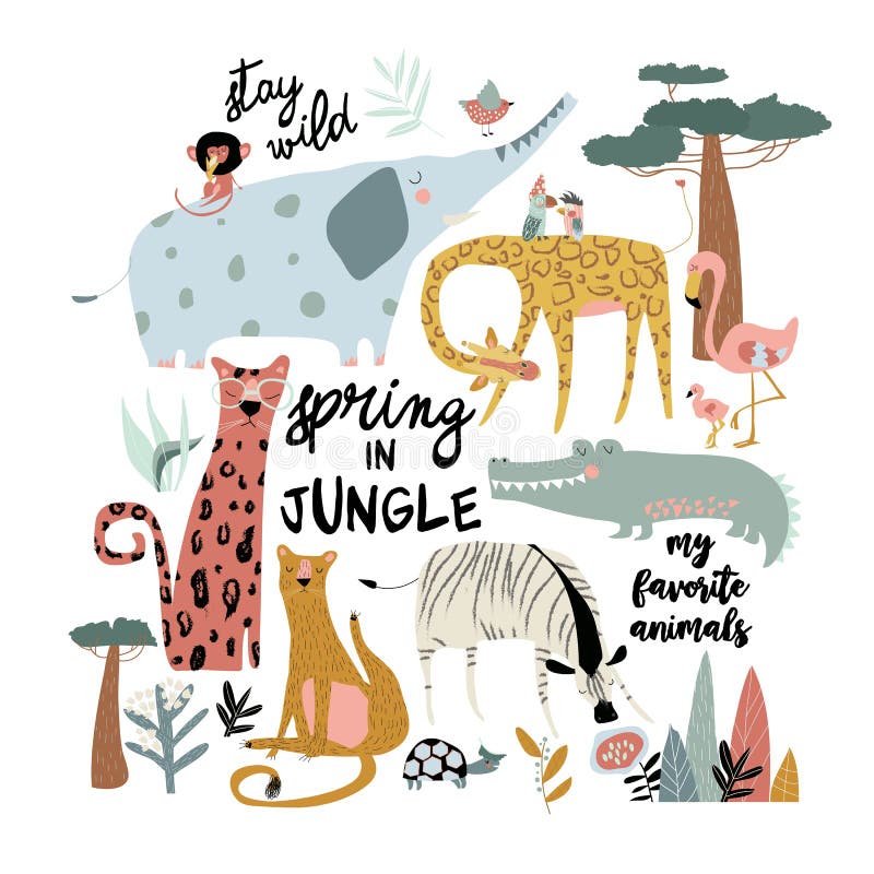 Set of Cartoon Wild Animals on White Background Stock Vector ...